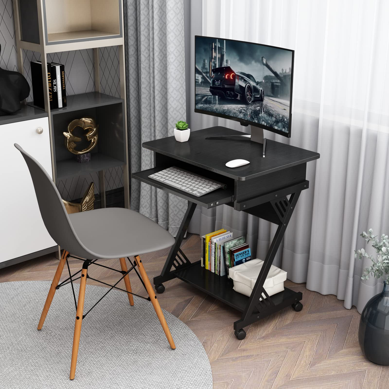 Rolling Computer Desk with Keyboard Tray Compact Computer Cart with ...